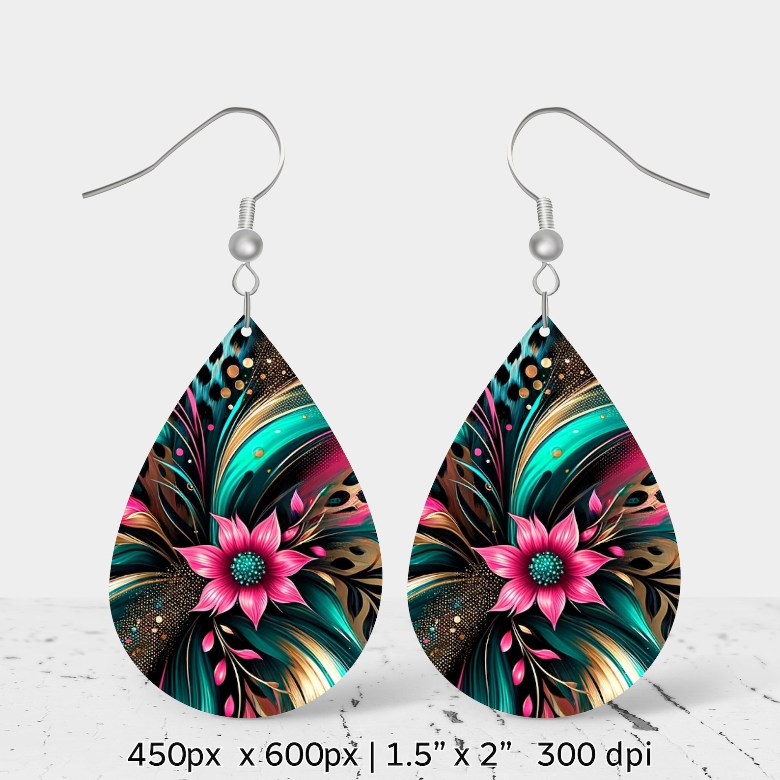 Pink Flower and Leopard Pattern Sublimation Earring Design, Teardrop ...