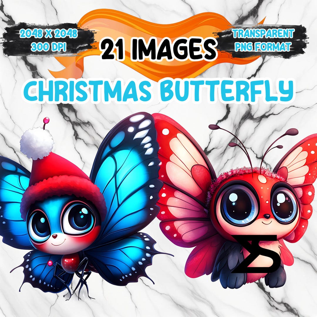 21 Watercolor Cartoon Christmas Butterfly, Butterfly Clipart Bundle ...
