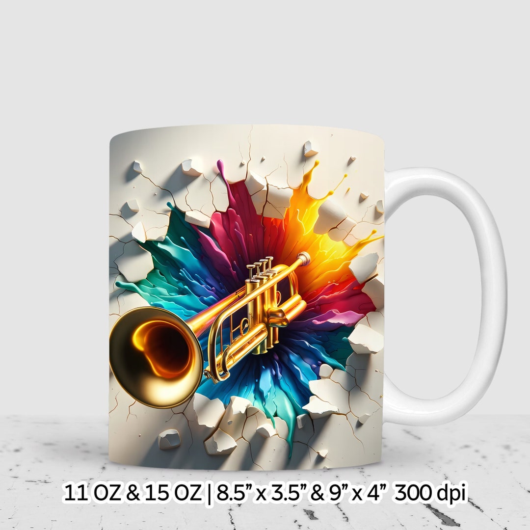 Trumpet 3D Hole in the Wall Sublimation Mug Wrap Design, 11 Oz & 15 Oz ...