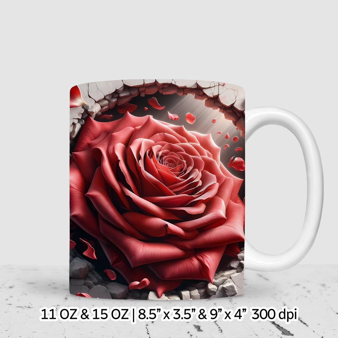 3D Red Rose Hole in the Wall Sublimation Mug Wrap Design, 11 Oz & 15 Oz ...