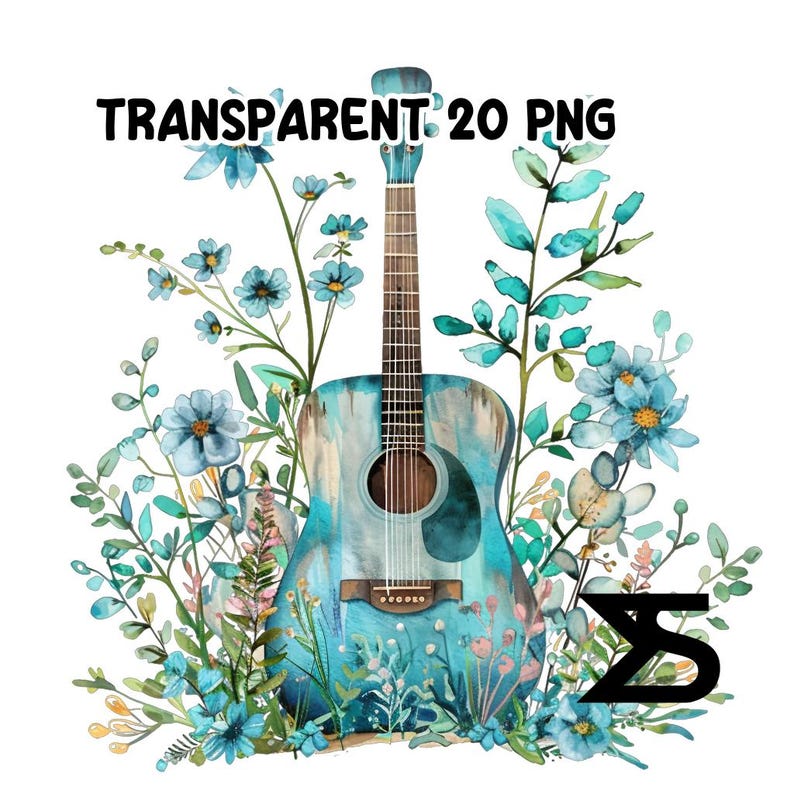 20 Vintage Floral Guitar Clipart, Printable Watercolor Clipart, Clipart ...