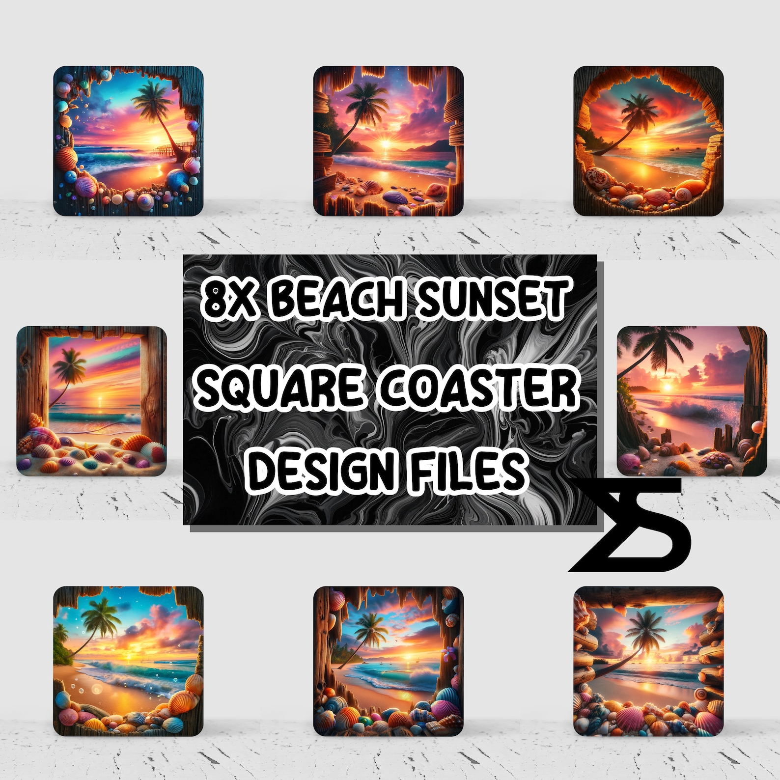 Beach Sunset Square Coaster Sublimation Design Set of 8, Instant ...