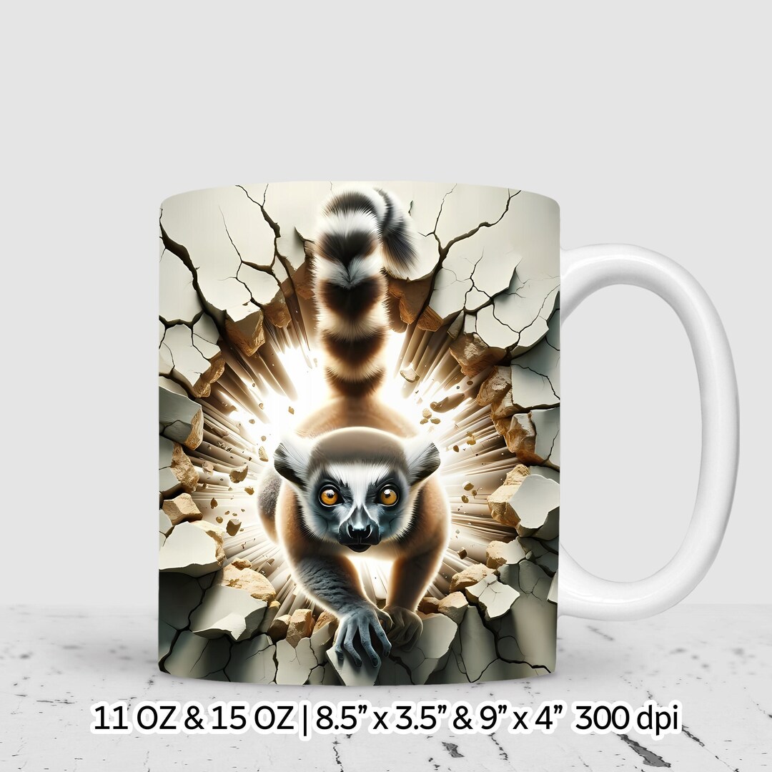 3D Lemur Hole in the Wall Sublimation Mug Wrap Design, 11 Oz & 15 Oz ...