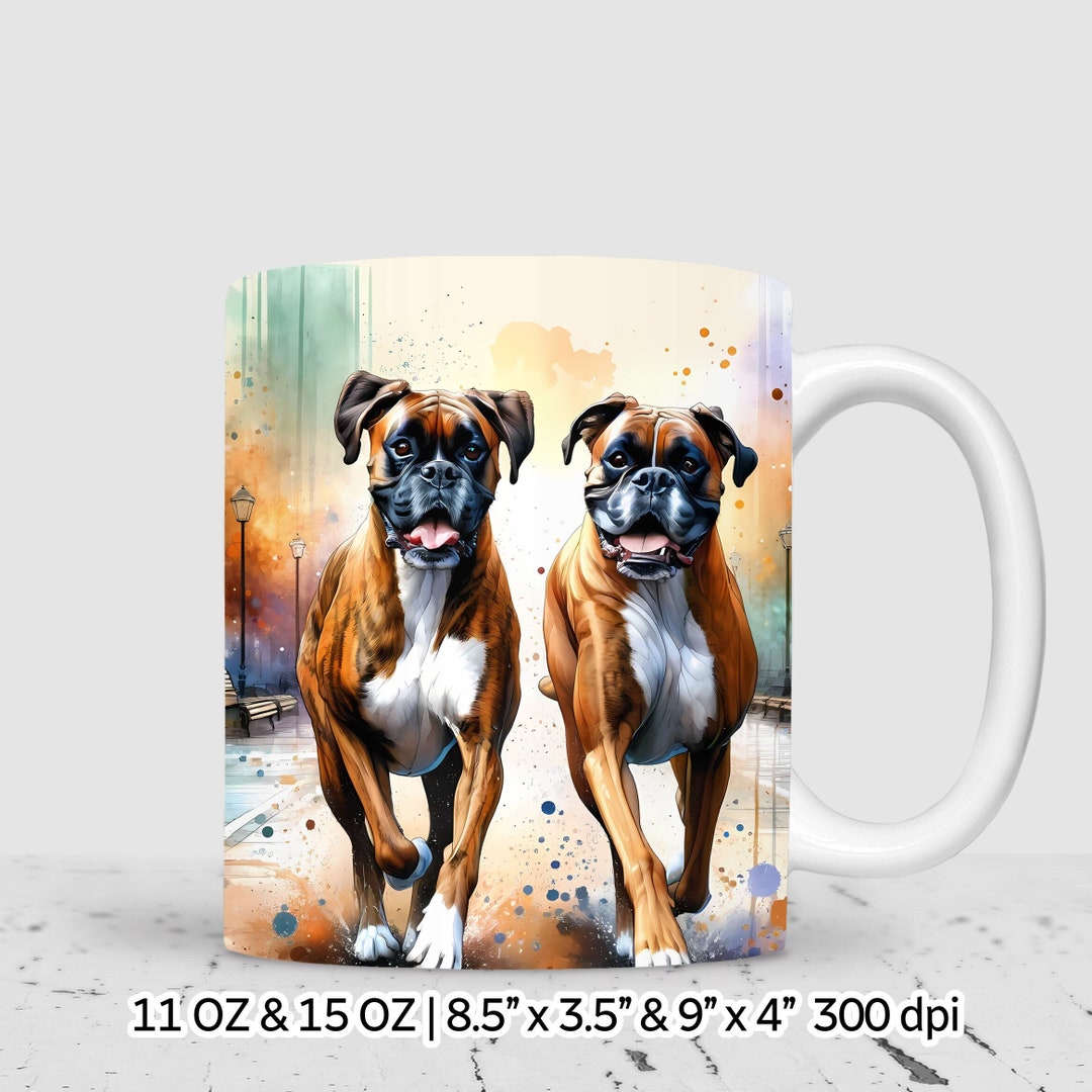 Dog Boxer Watercolor Sublimation Mug Wrap Design, 11 Oz & 15 Oz Mug ...
