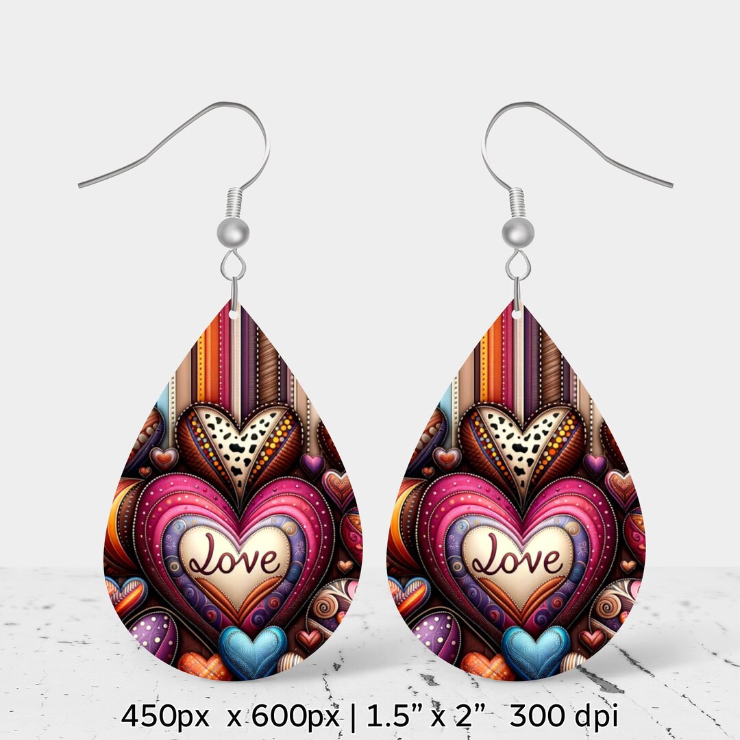 Valentine's Day Love Hearts Sublimation Earring Design, Drop Earring ...