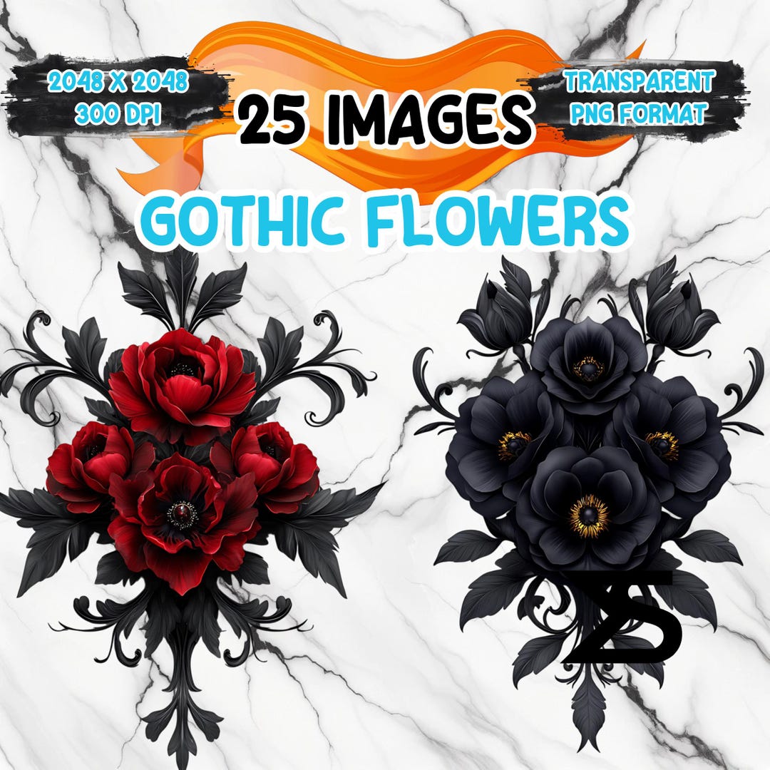 Watercolor Gothic Flowers PNG Image on Transparent Background, Digital ...
