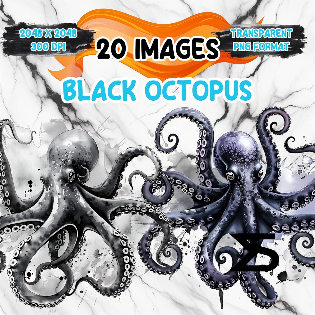 20 Watercolor Black Octopus Clipart , Inkfish Clipart, Clipart Bundle ...