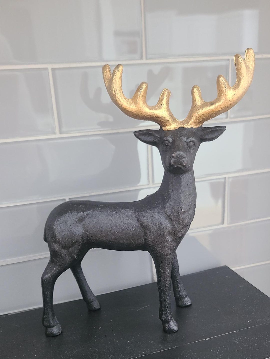Vintage Cast Iron Deer Buck Figurine W/gold Antlers, Swag Black Stag ...
