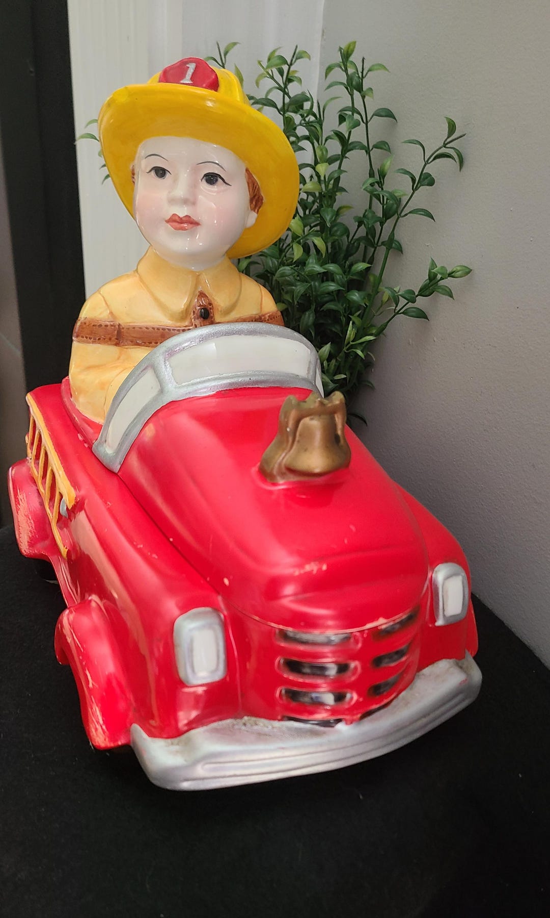 Vintage Cookie Jar, Boy in Fire Truck Firefighter Ceramic by Fox Run ...