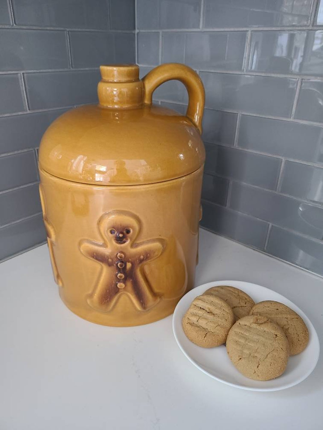 Vintage Gingerbread Cookie Jar Embossed Crock, FUN Vintage Pottery W ...