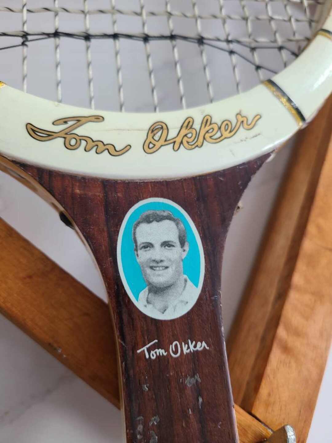 Vintage 70's DUNLOP TOM OKKER Picture Autograph Wood Tennis Racquet W ...