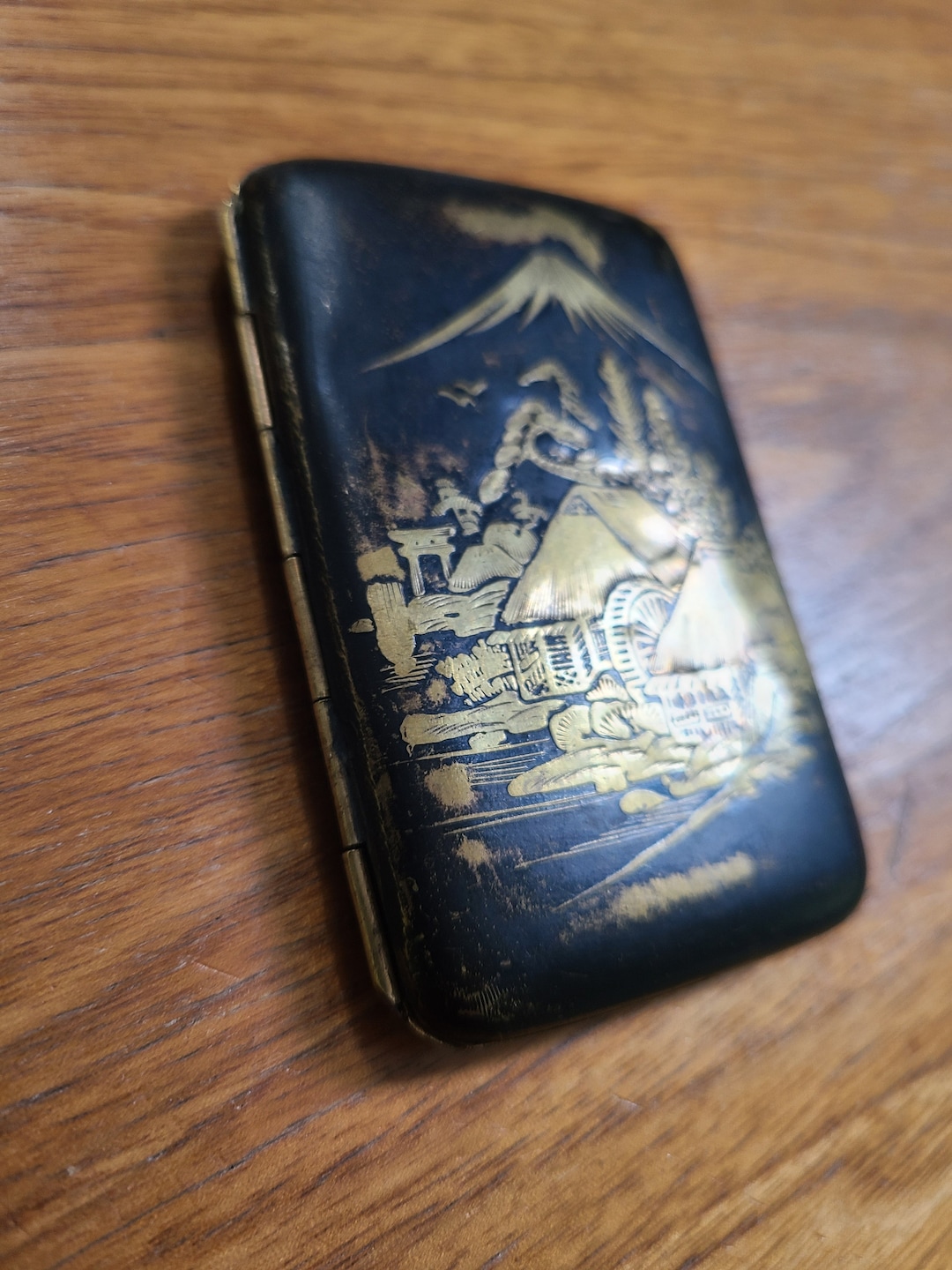 Japanese Damascene Cigarette Case Elaborate Black & Gold W/inlay of ...