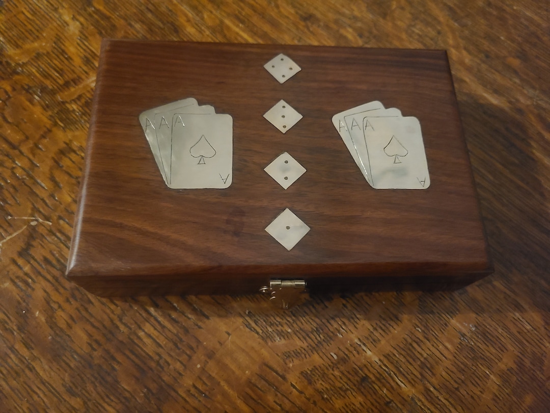 Vintage Wooden Playing Card Box W/brass Card & Dice Inlay, Rosewood ...