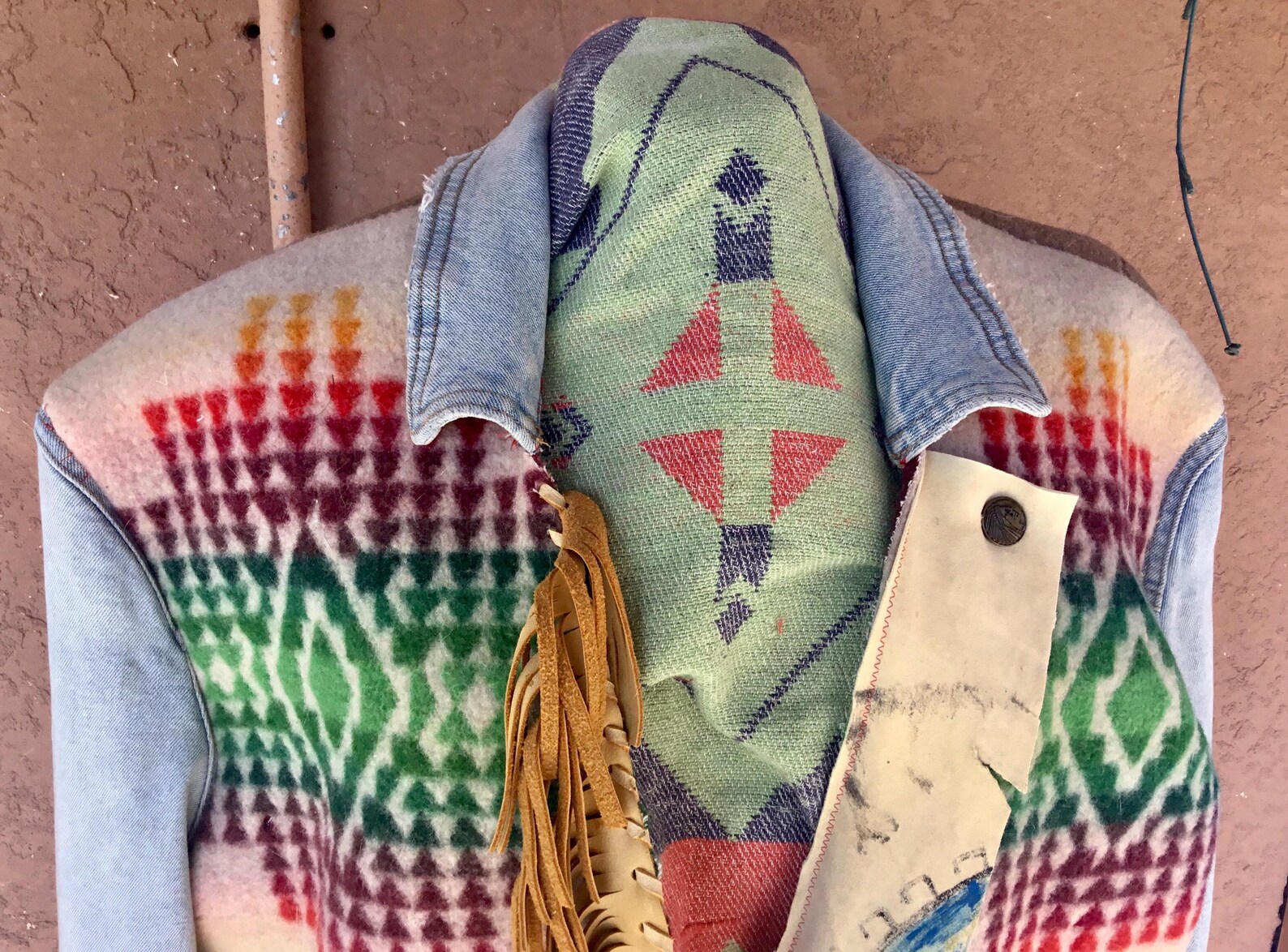 Vintage “pendleton Blanket “jacket: Denim & Deerskin Fringe, Hand Sewn ...