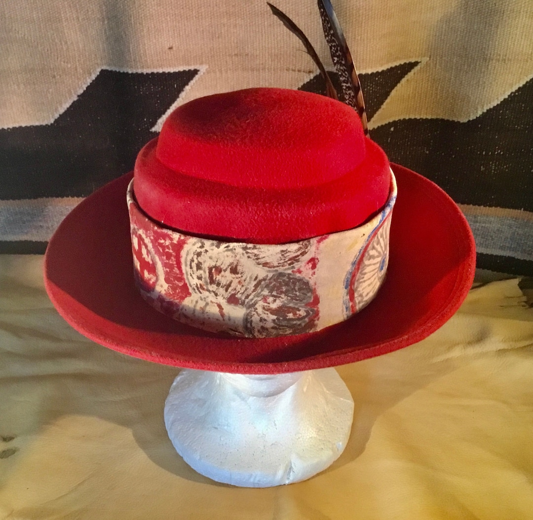 Vintage Red Wool Felt Bowler Style Hat With Curled Brim Sporting a Hand ...