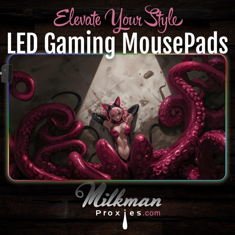 Anime Desk Mat RGB | Pink Hair Tentacle Fantasy Cat Girl Mouse Pad ...