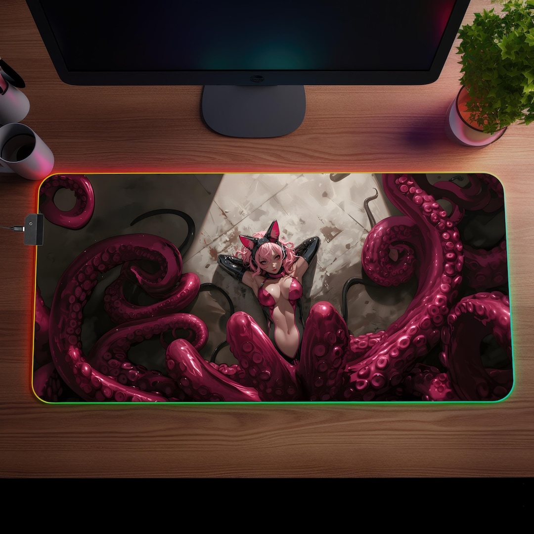 Anime Desk Mat RGB | Pink Hair Tentacle Fantasy Cat Girl Mouse Pad ...