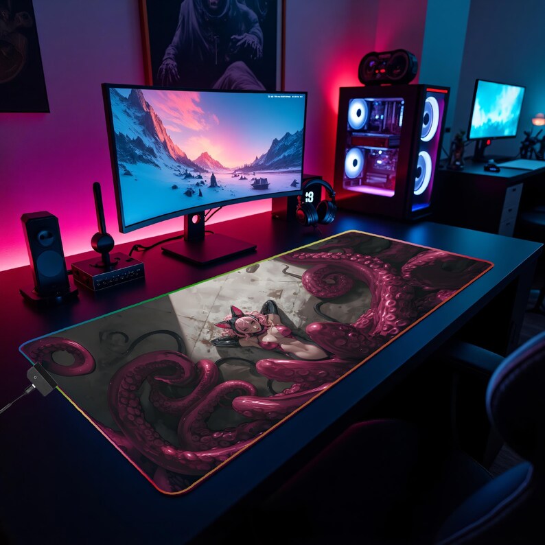 Anime Desk Mat RGB | Pink Hair Tentacle Fantasy Cat Girl Mouse Pad ...
