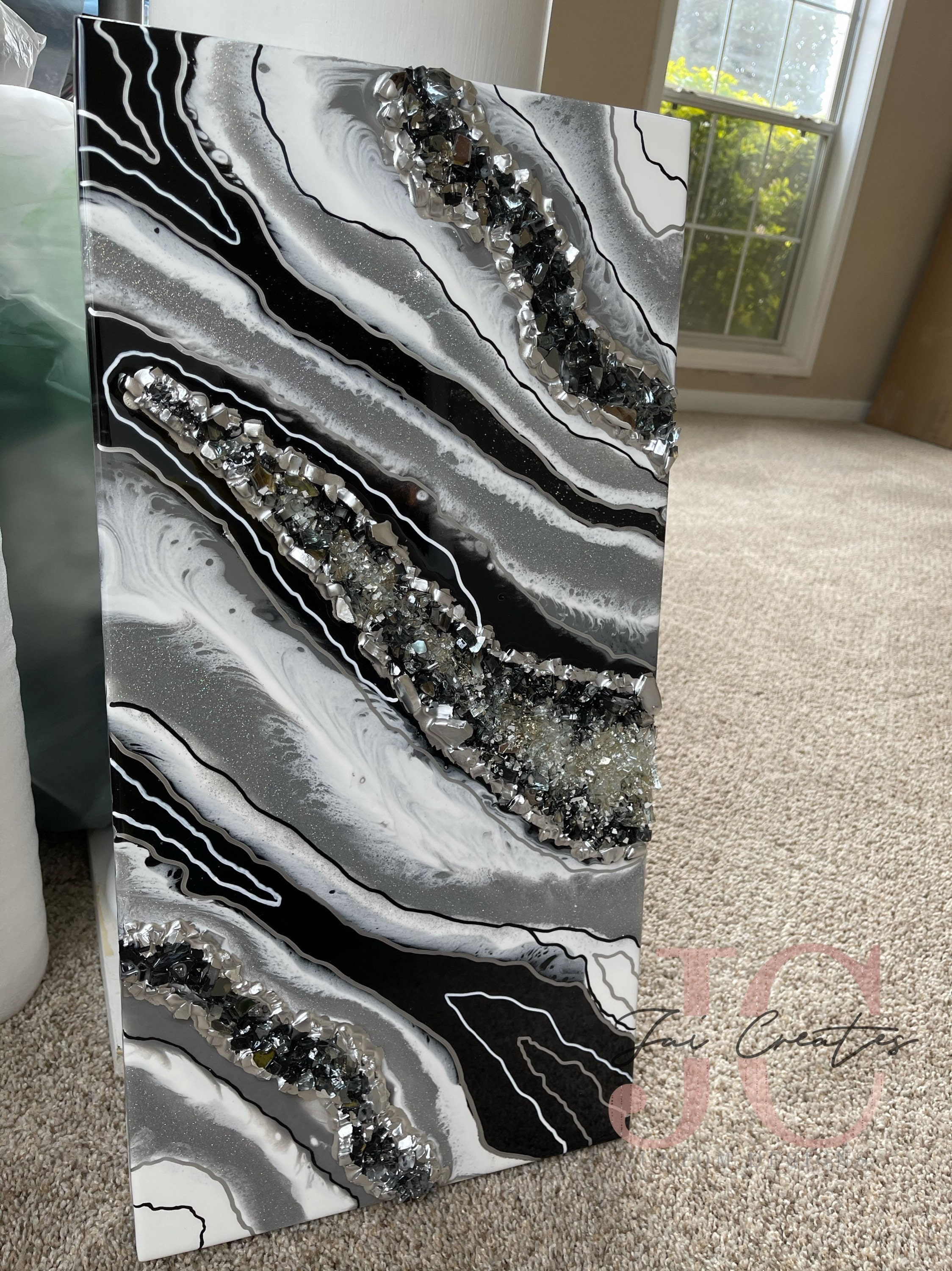 Black, White, Gray, and Silver Geode Resin Wall Art - Etsy