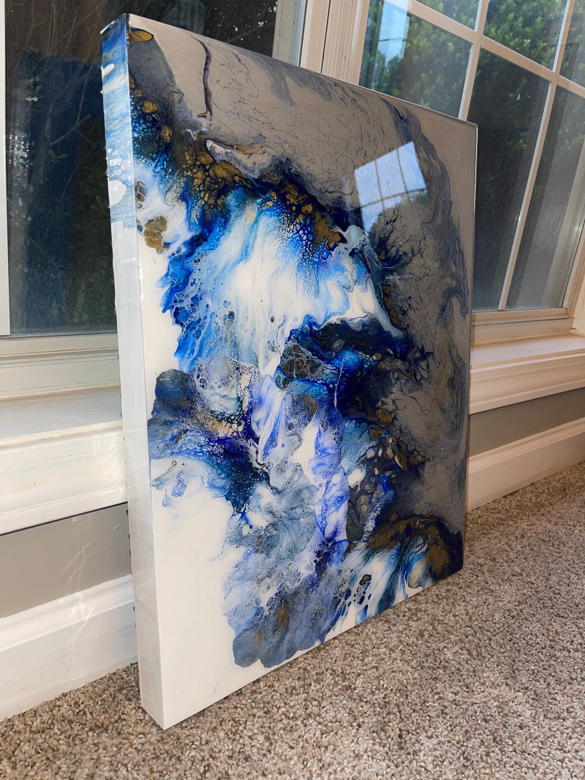Silver, White, Blue, & Gold Abstract Resin Acrylic Dutch Pour - Etsy