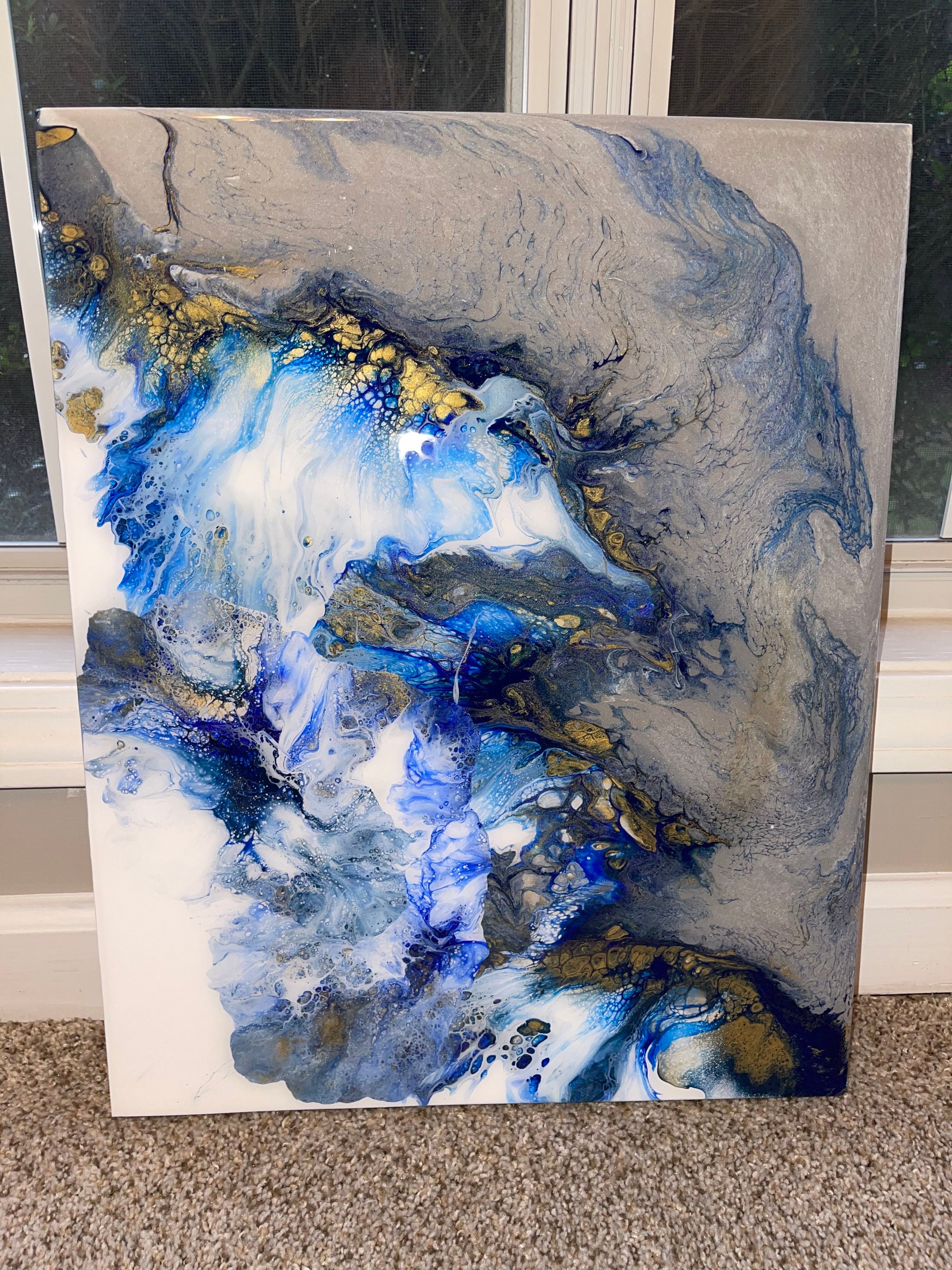 Silver, White, Blue, & Gold Abstract Resin Acrylic Dutch Pour - Etsy