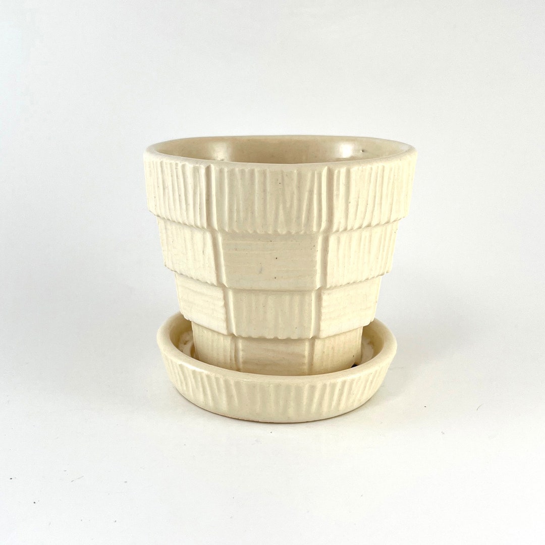 1950's small White Mccoy Basketweave Planter/flower Pot With Attached ...