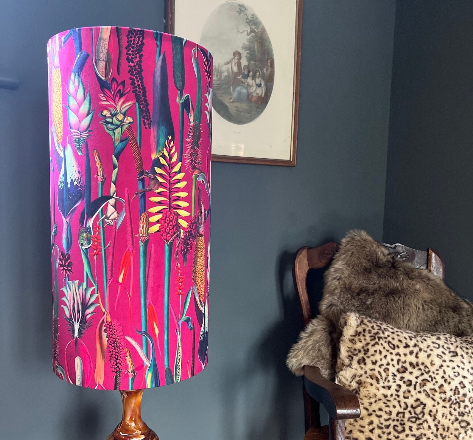 Cerise Botanical Velvet Cylinder Lampshade, Extra Tall Lampshade Cerise ...