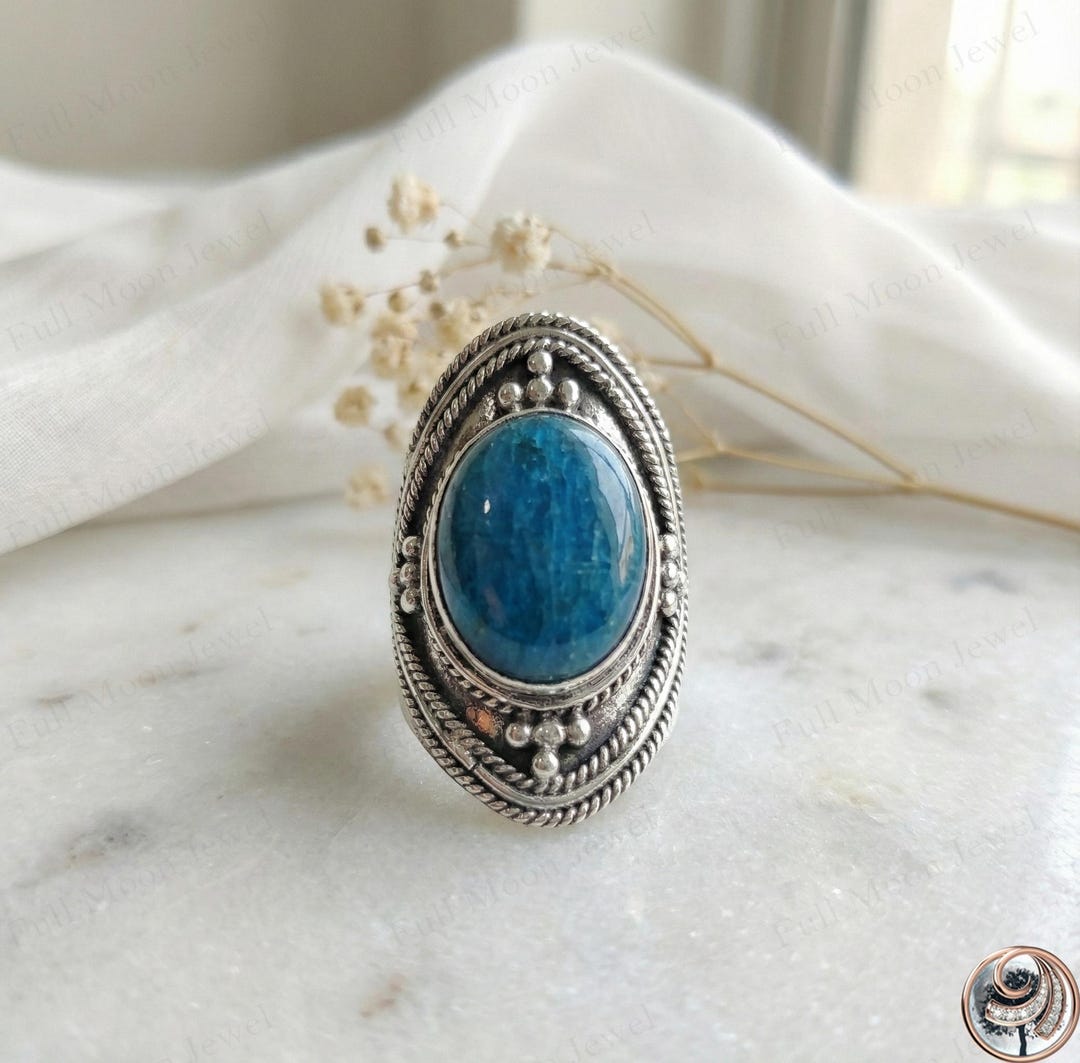 Large Blue Apatite Ring Sterling Silver, Tribal Statement Ring, Ornate ...