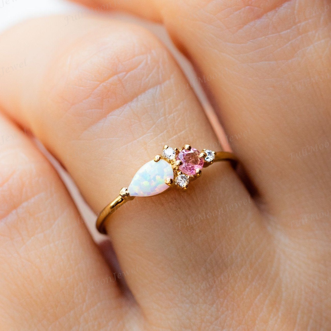 Opal & Pink Tourmaline Darling Cluster Ring, Pink Stone Ring, 925 ...