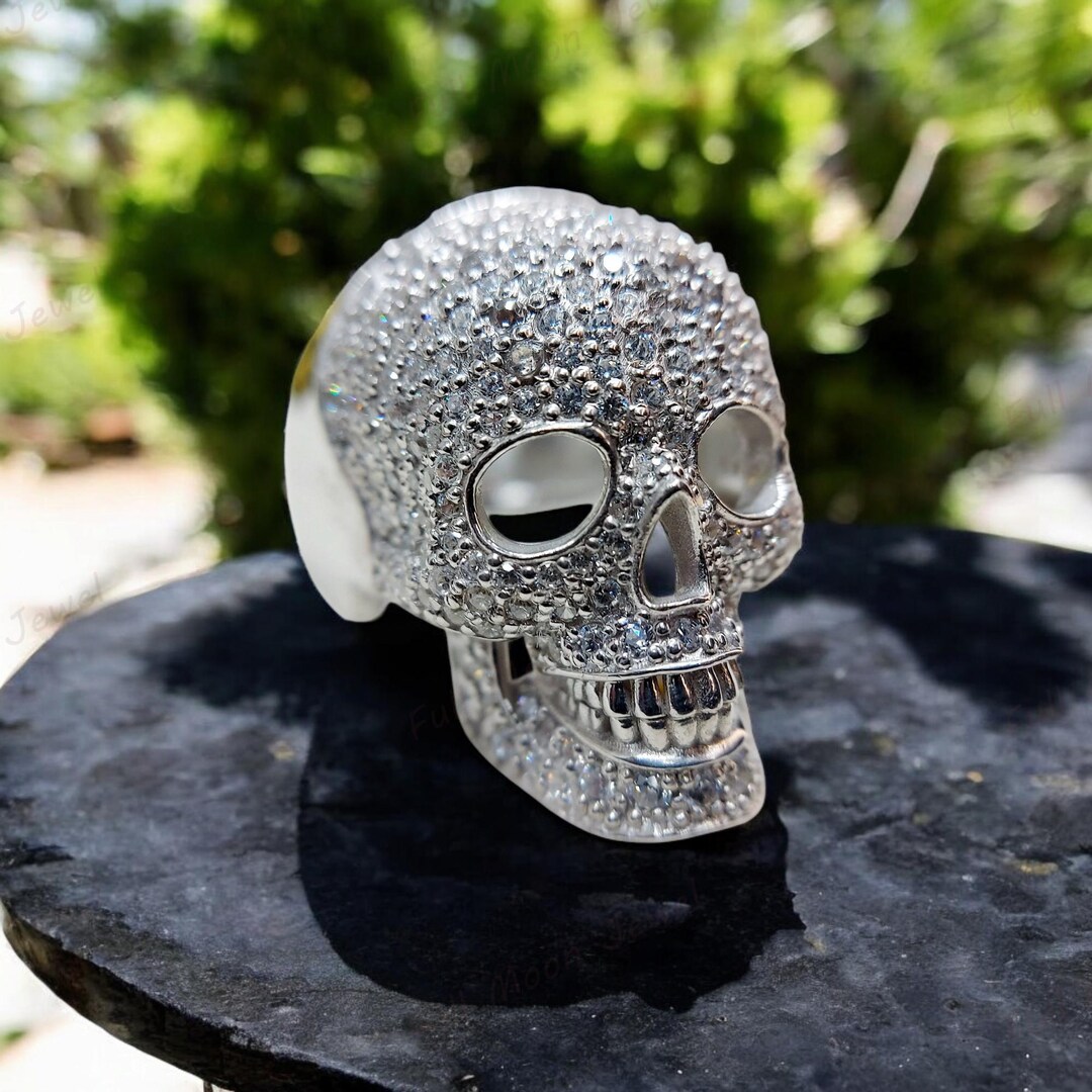 Men's Iced Out Skull Ring, 925 Silver Hip Hop Ring, 3D Zircon Diamond ...