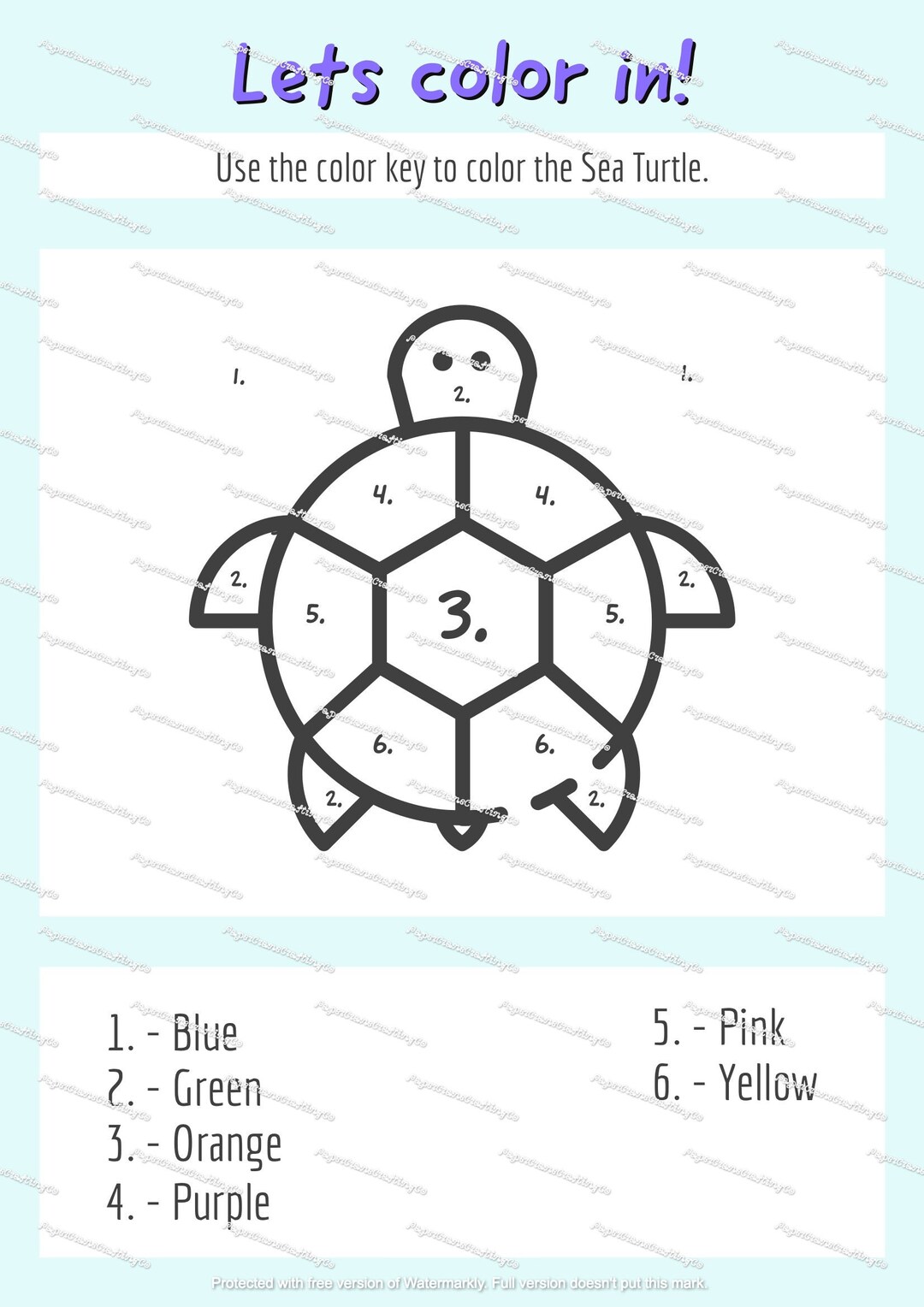 Color by Numbers Sea Turtle Worksheet - Etsy