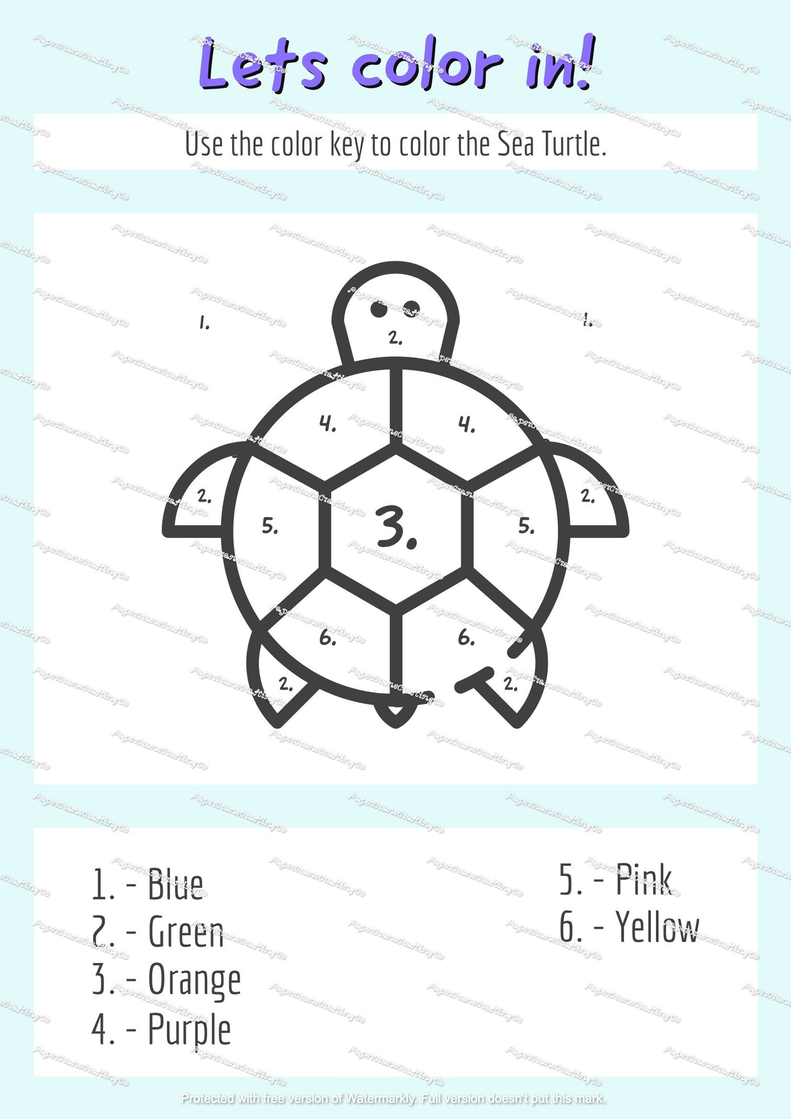 Color by Numbers Sea Turtle Worksheet - Etsy