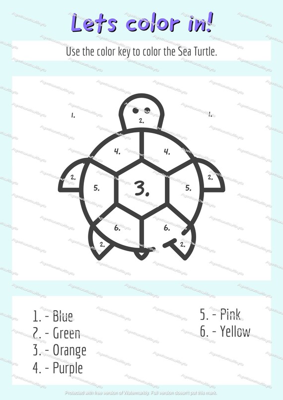 Color by Numbers Sea Turtle Worksheet - Etsy
