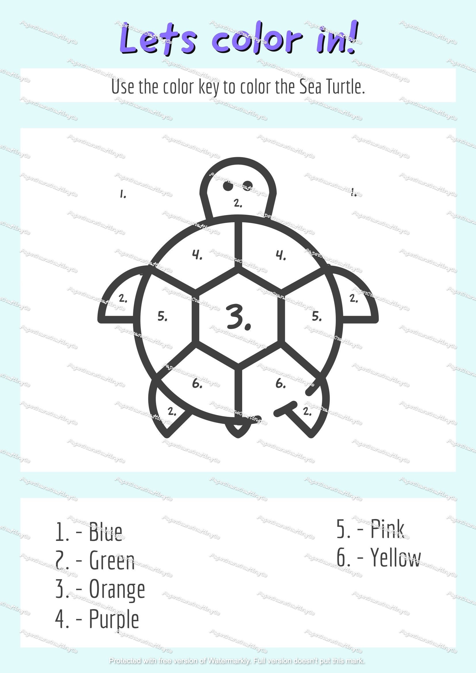 Color by Numbers Sea Turtle Worksheet - Etsy