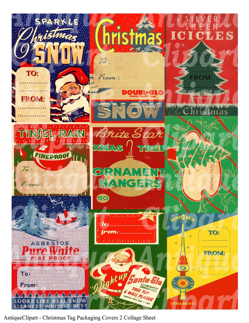 Retro Christmas Collage Sheets: Printable Ornaments & Holiday Box Cover ...