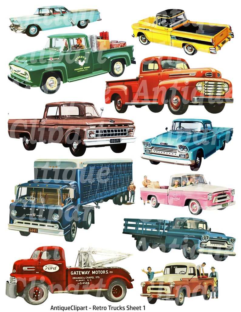 Retro Cars and Trucks Clip Art Vintage Antique Digital Download Collage ...