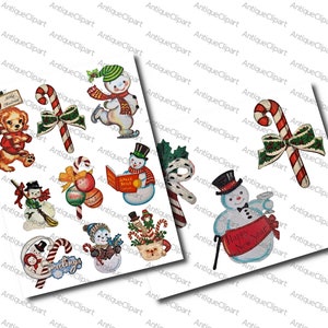 Retro Glitter Candy Cane Snowman PNG Clipart Bundle, Christmas Vintage ...