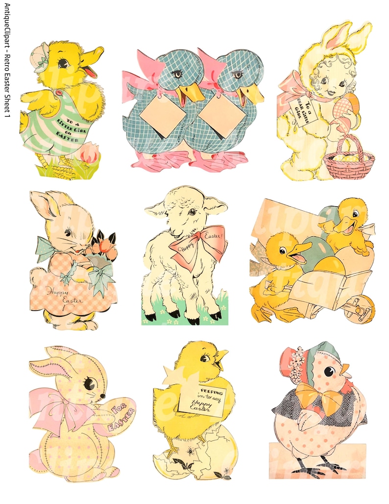 Retro Easter Clipart: Vintage Bunny & Chick PNG Images (digital ...
