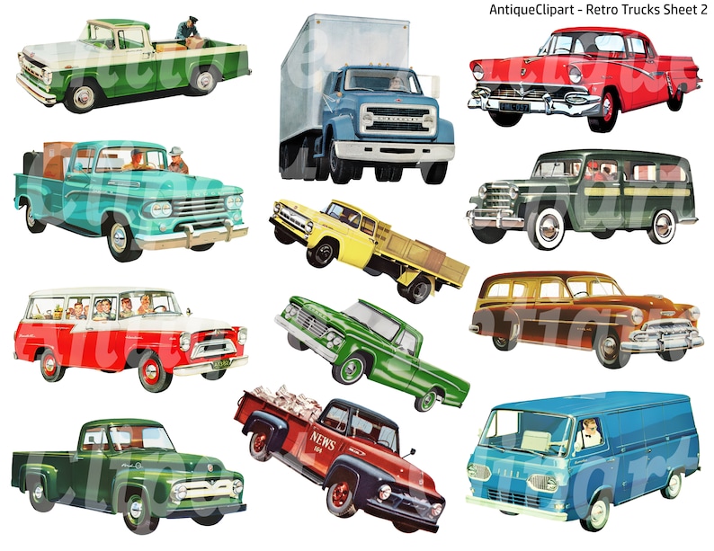Retro Cars and Trucks Clip Art Vintage Antique Digital Download Collage ...