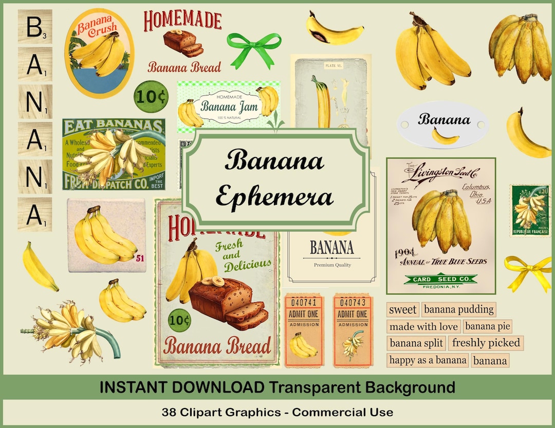 Vintage Banana Cliparts: Fruit Ephemera, Collage Sheets (PNG, JPEG) - Etsy