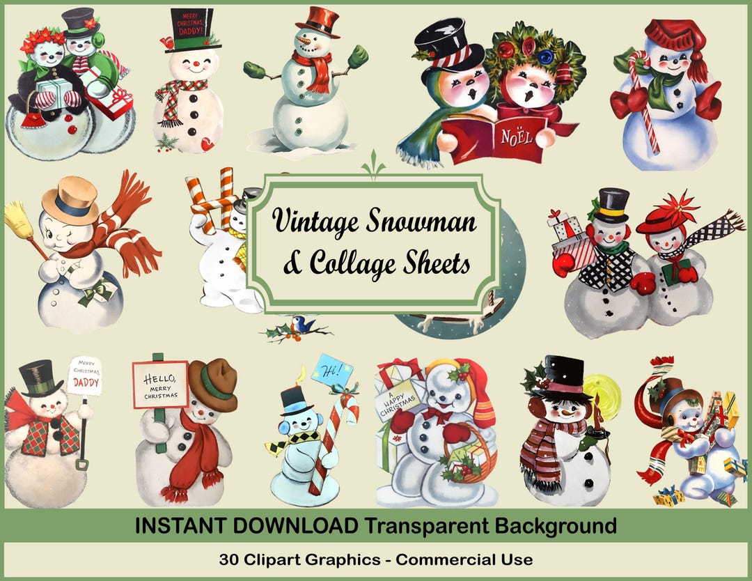 Retro Snowman Clipart Bundle: Vintage Christmas Pngs & Jpgs (digital ...