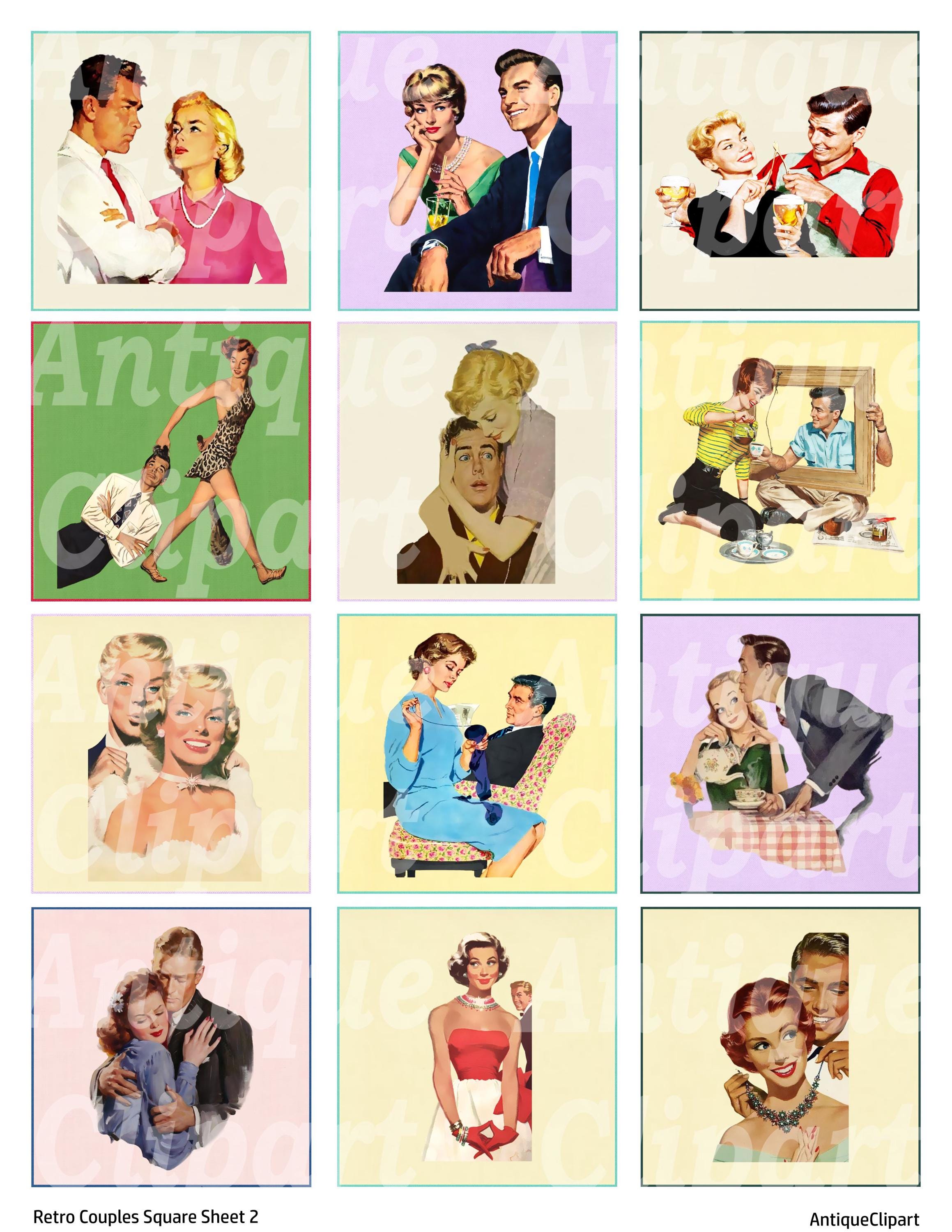 Retro 1950s Couples Clipart: Vintage PNG & Collage Sheets (commercial ...