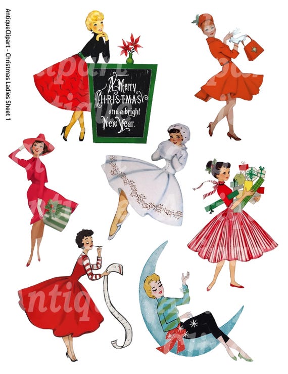 Lady Vintage Christmas Clip Art Christmas Vintage Card, Girl With Gift