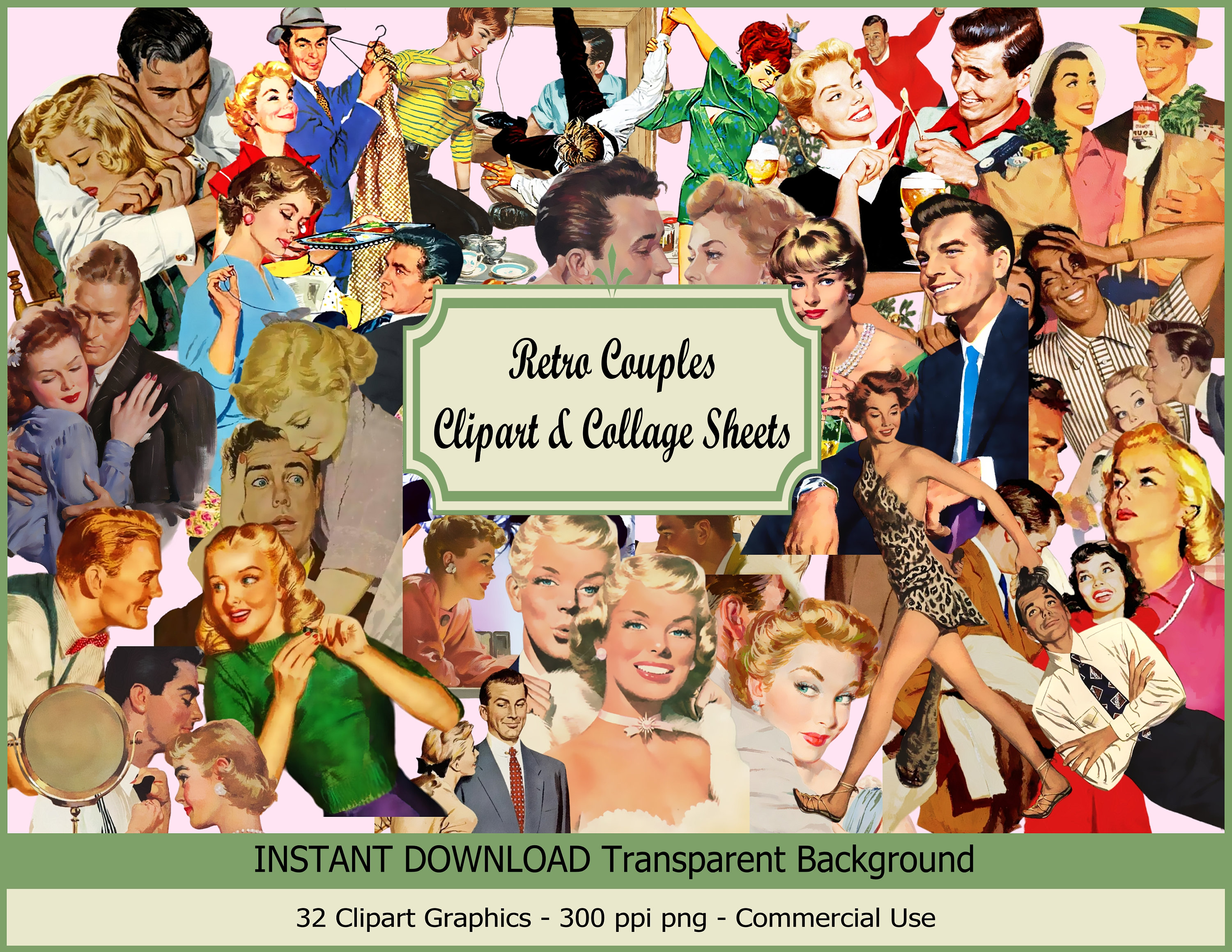 Retro Couples Clipart: Vintage Illustrations & Collage Sheets (digital ...