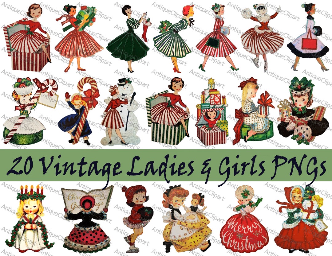 Vintage Christmas Ladies Clipart, Retro Girls, PNG Collage Sheets ...