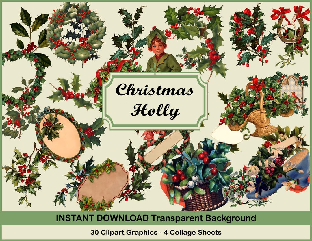 Vintage Christmas Holly Clipart, Collage Sheet Set (digital Download ...