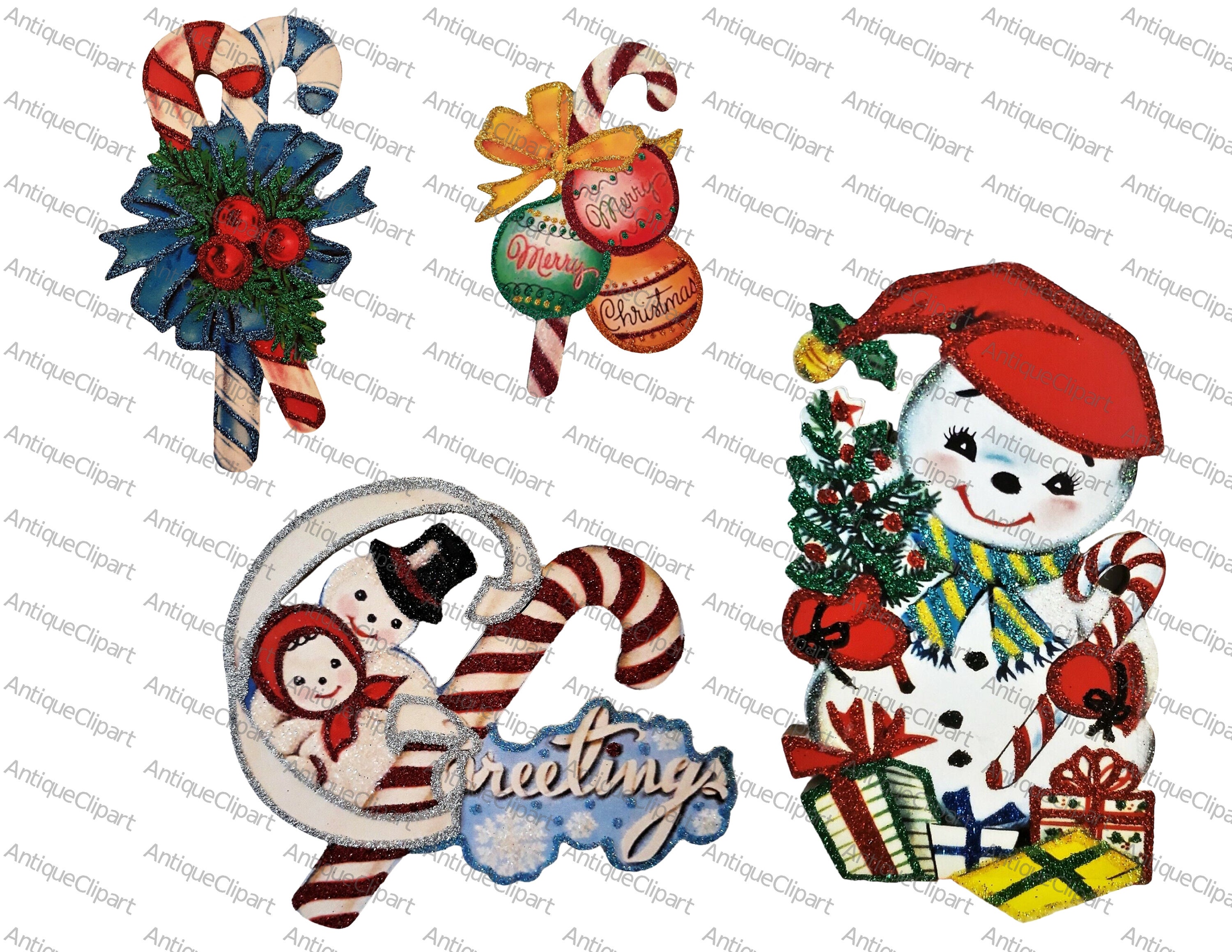 Retro Glitter Candy Cane Snowman PNG Clipart Bundle, Christmas Vintage ...