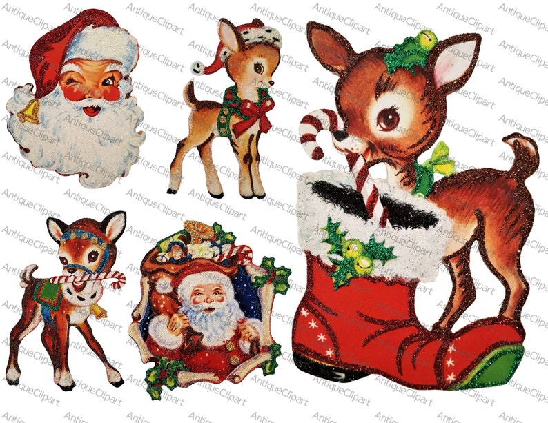 Vintage Santa & Reindeer Clipart, Retro Christmas PNG JPG (digital ...