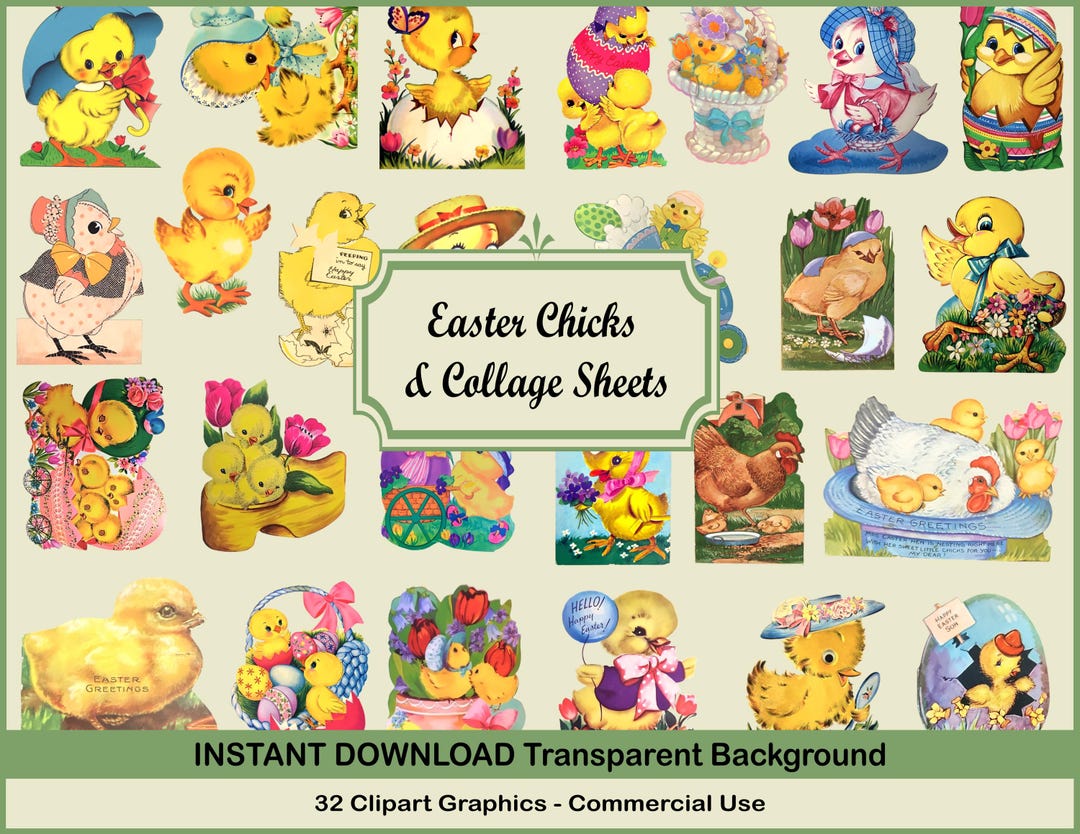 Retro Easter Chick Clipart: 32 PNG Chick Images, Collage Sheets ...
