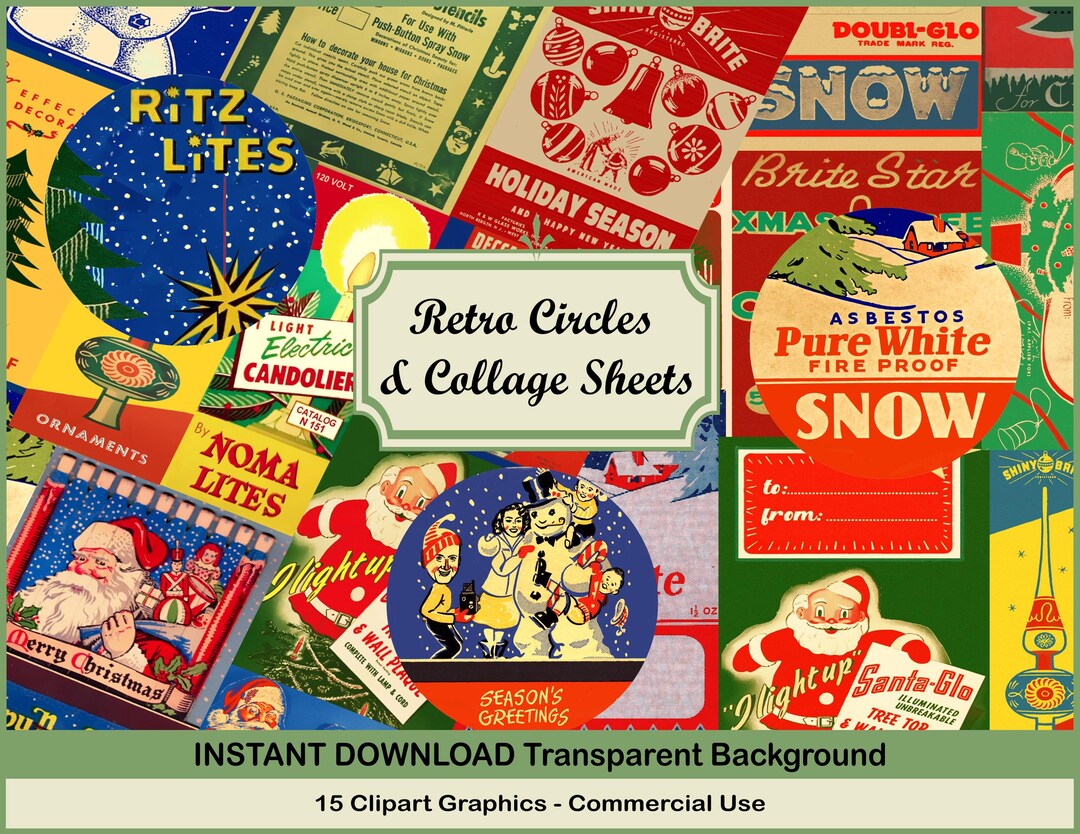 Retro Christmas Collage Sheets: Printable Ornaments & Holiday Box Cover ...